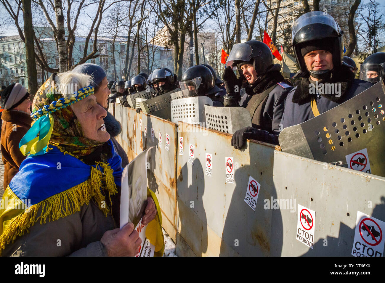 A women Euromaidan protester confronts rows of government riot police ...