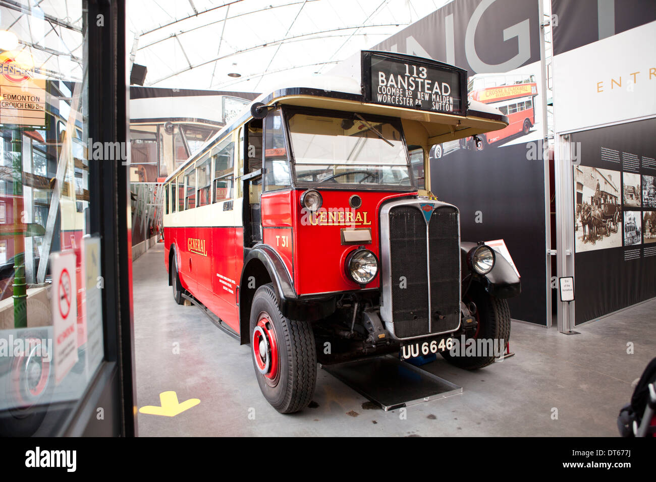 Old fashioned London bus on display at Brooklands Museum in Weybridge ...