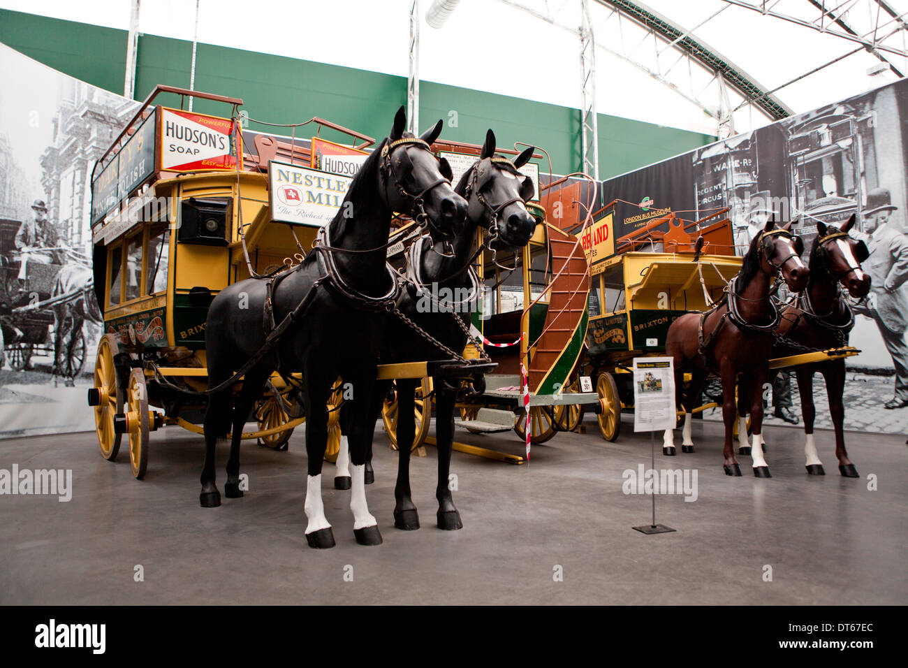 Historical horse drawn bus carriage on display at Brooklands Museum in ...
