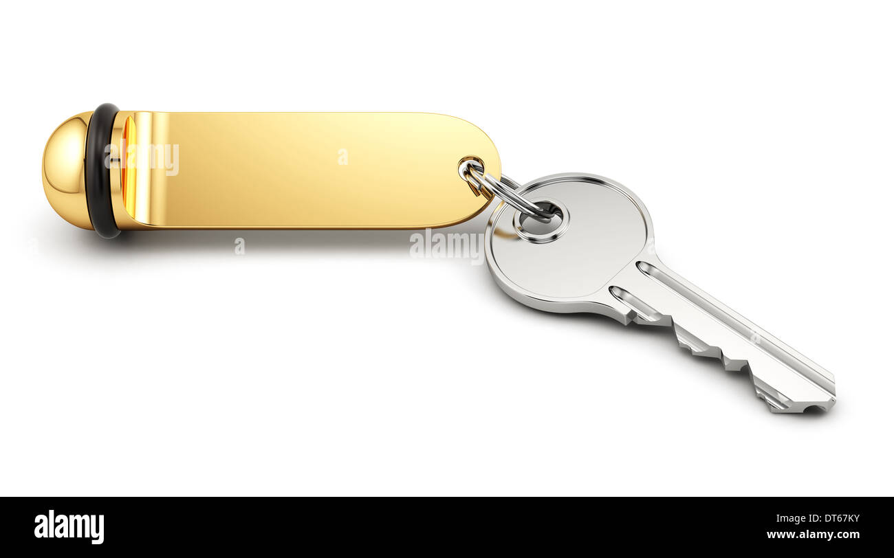 3d rende of hotel room key with golden lable. Isolated on white ...