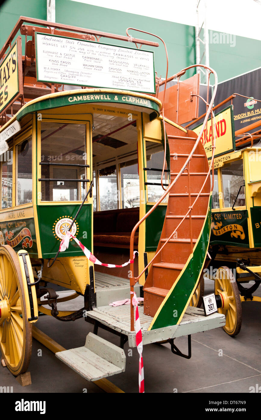 Historical horse drawn bus carriage on display at Brooklands Museum in ...