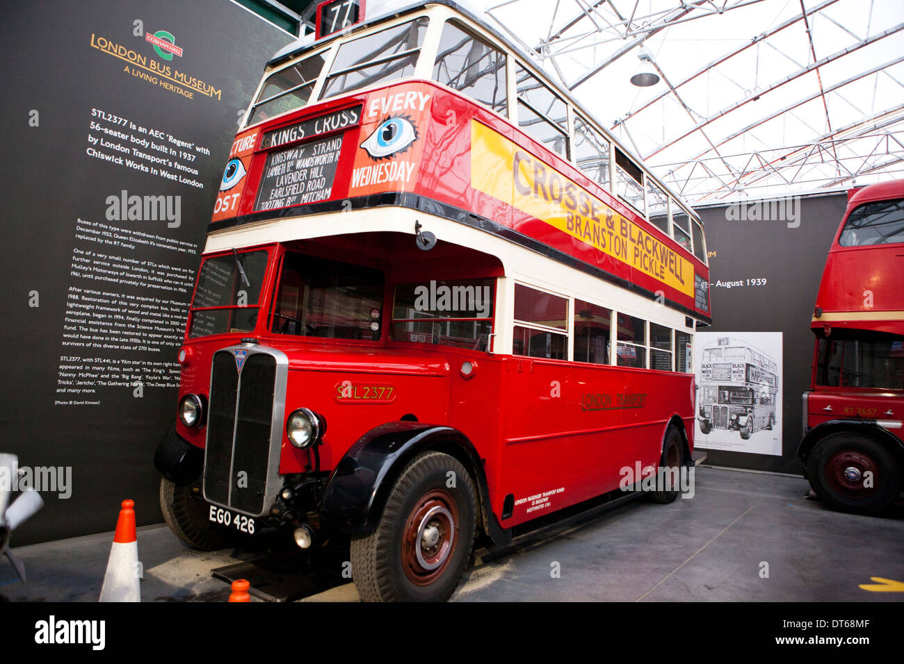 Old fashioned London double decker bus on display at Brooklands Museum ...