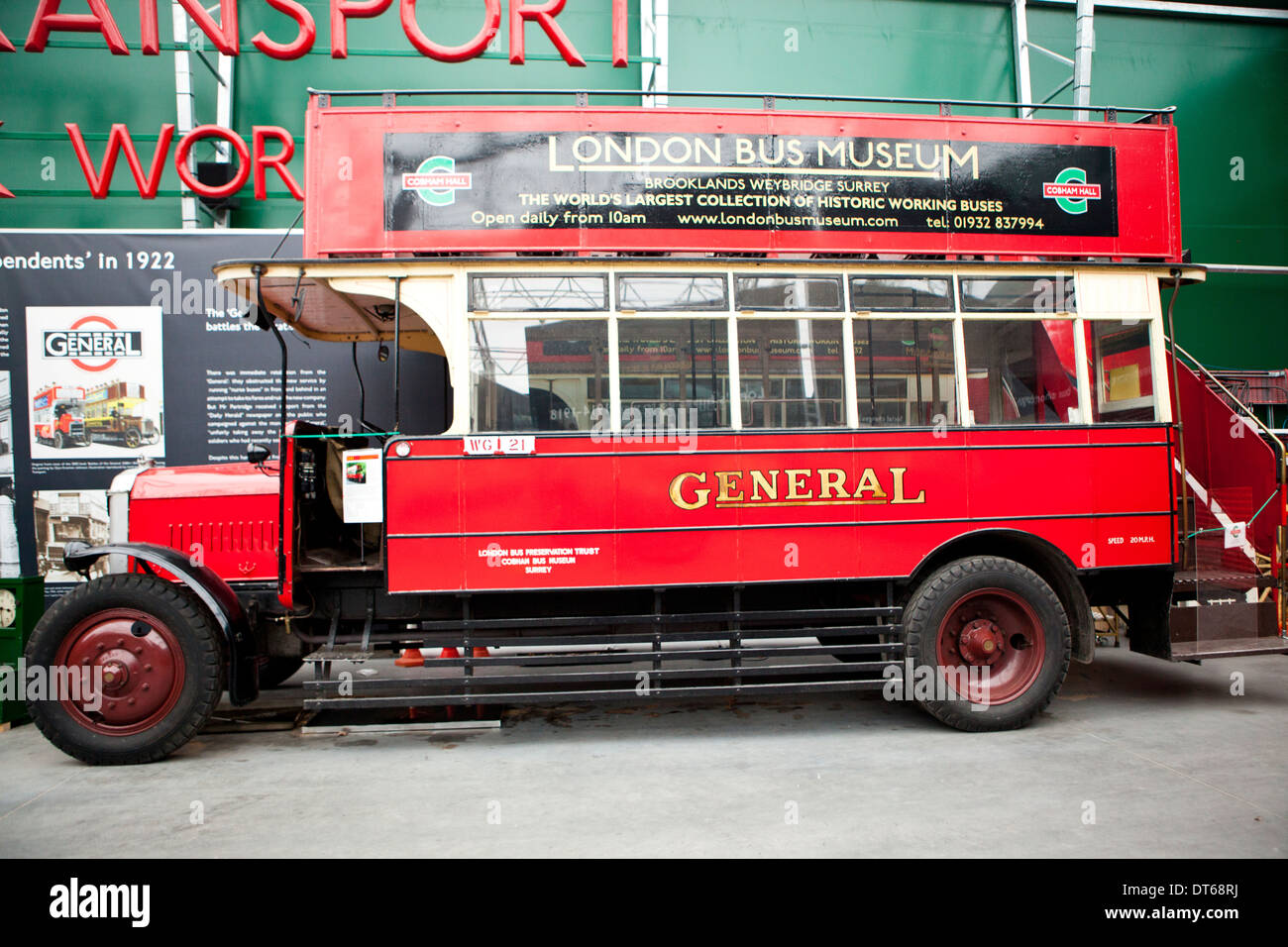Old fashioned London double decker bus on display at Brooklands Museum ...