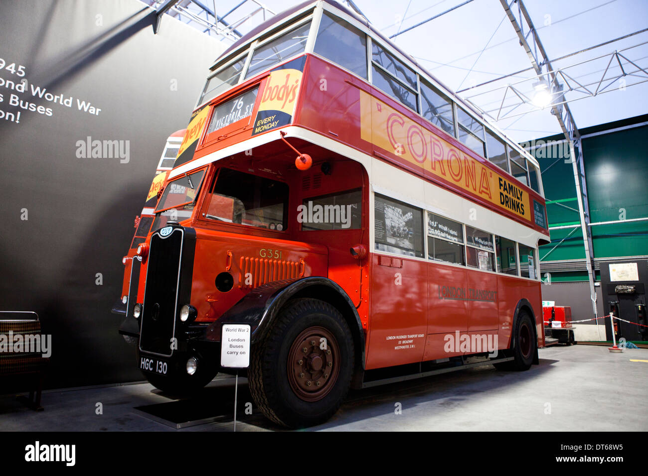 Old fashioned London double decker bus on display at Brooklands Museum ...
