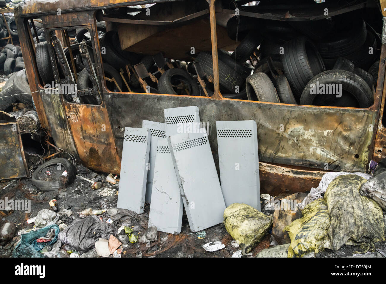 Captured police riot shields during Euromaidan 2014 protests in Kiev ...