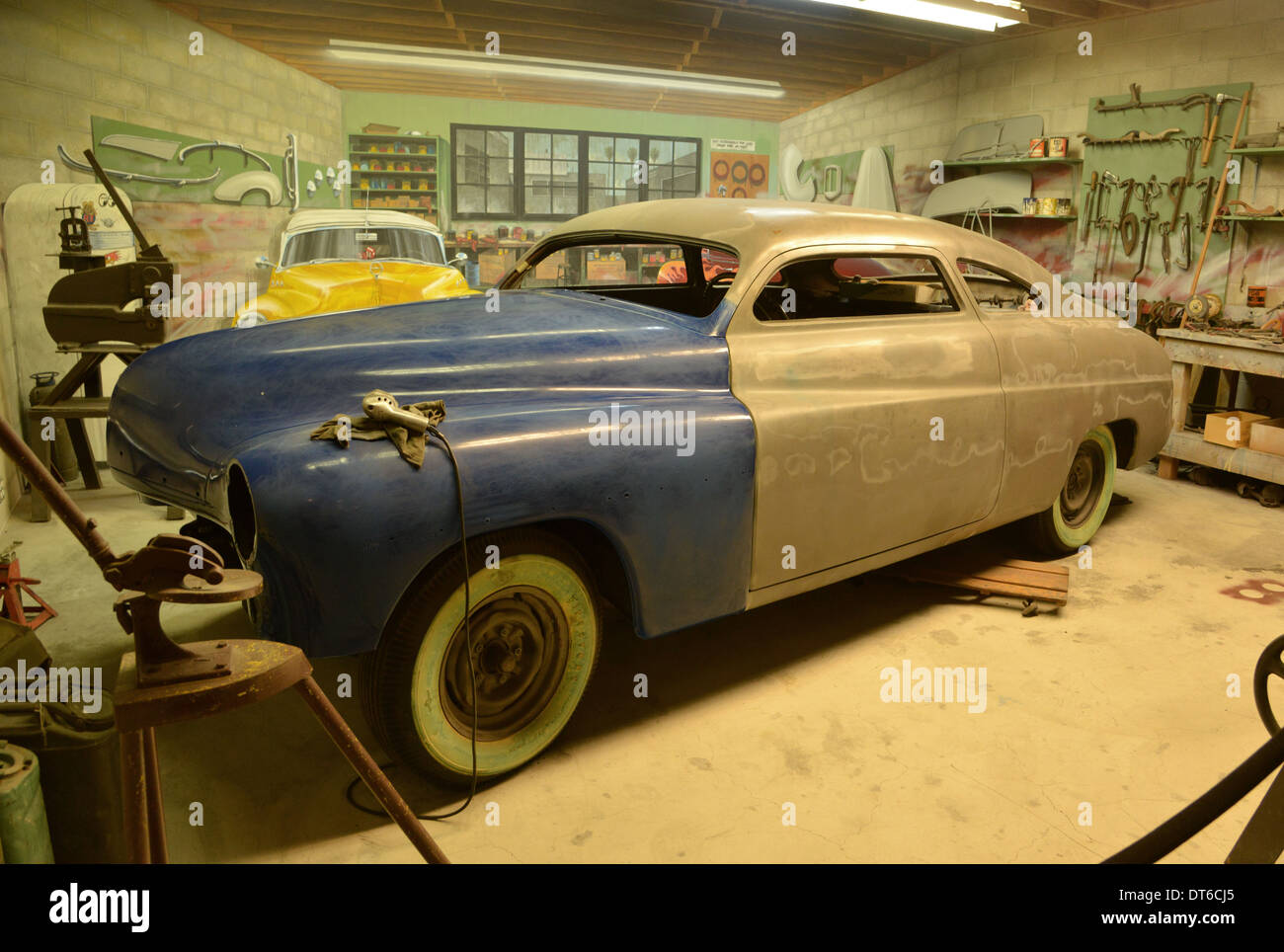 Mock up of a 1950s hot rodders workshop in the petersen automotive ...
