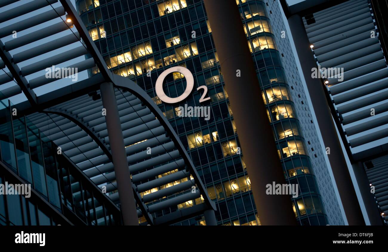 Munich, Germany. 10th Feb, 2014. The logo of mobile operator O2 is lit ...