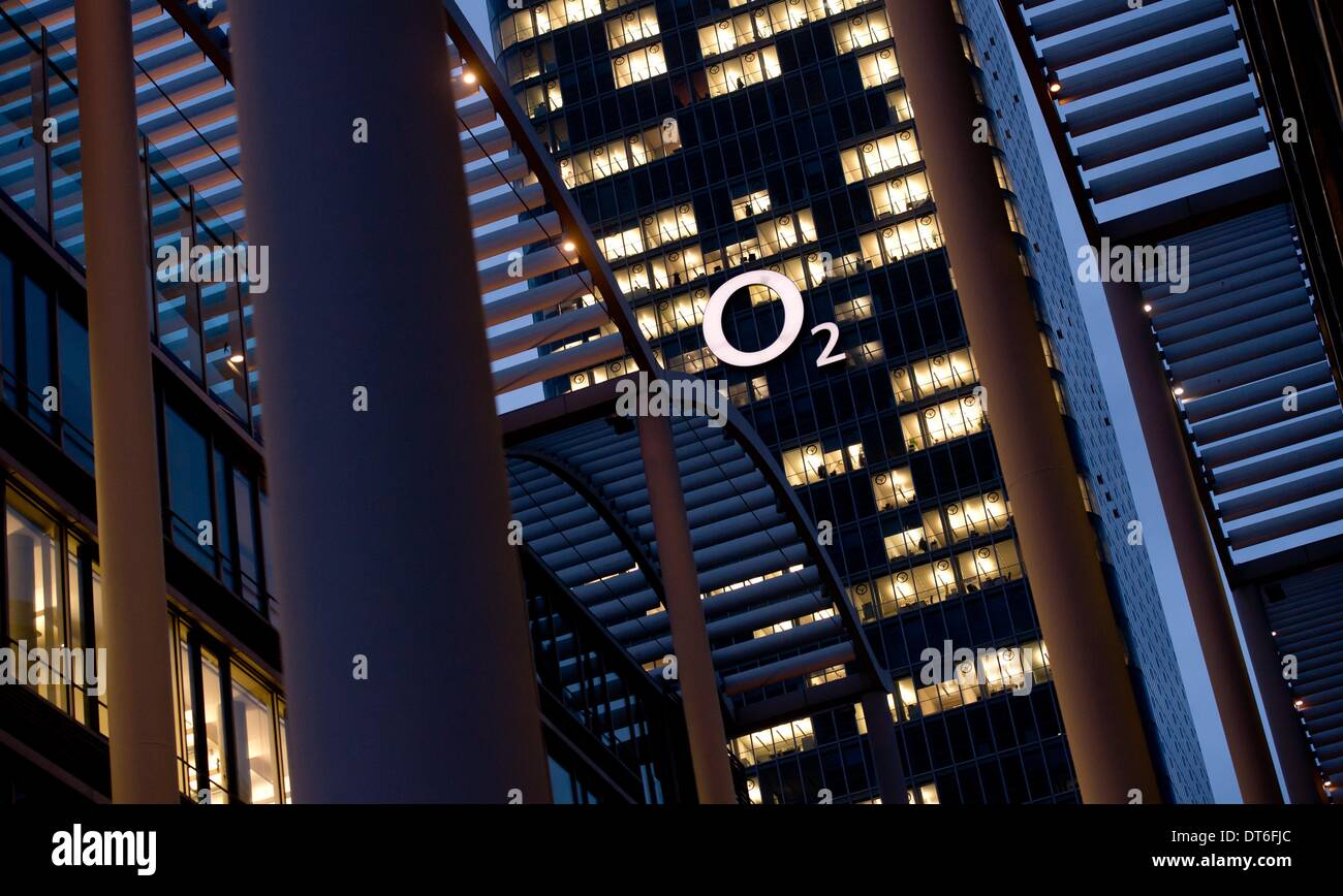 Munich, Germany. 10th Feb, 2014. The logo of mobile operator O2 is lit ...
