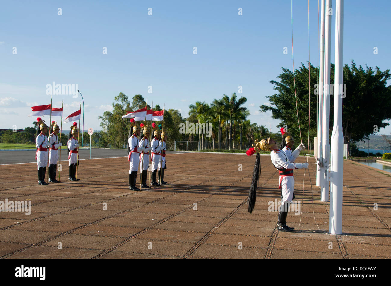 The Brazilian Presidential Guard in ceremonial uniforms, lowering the ...