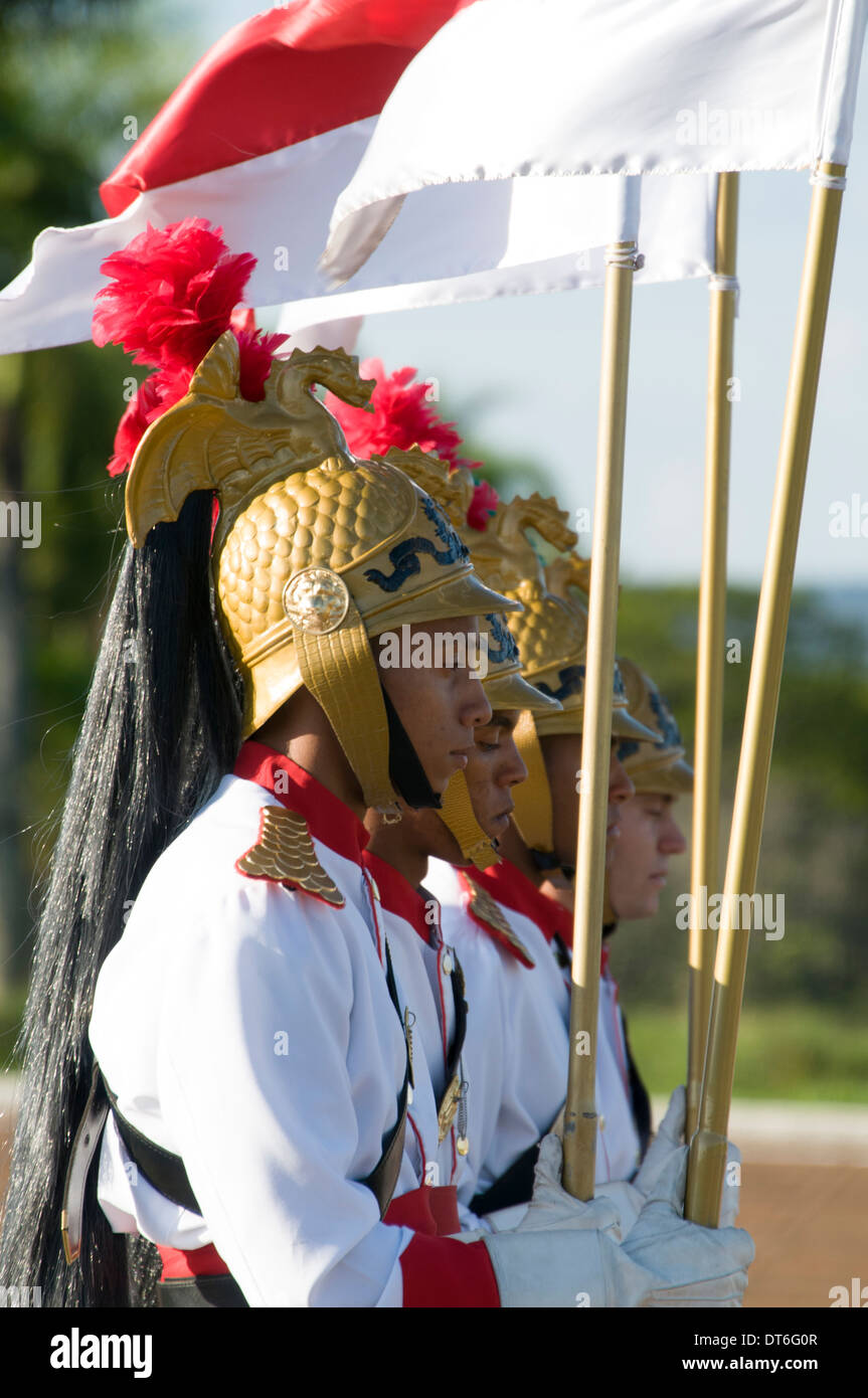The Presidential Guard in ceremonial uniforms, lower the flags each ...