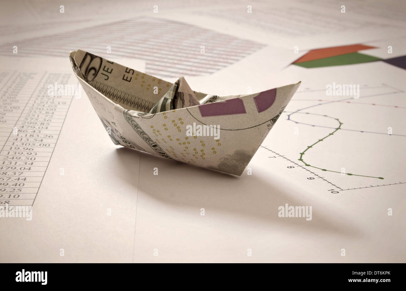 Dollar paper boat made on finance data Stock Photo - Alamy