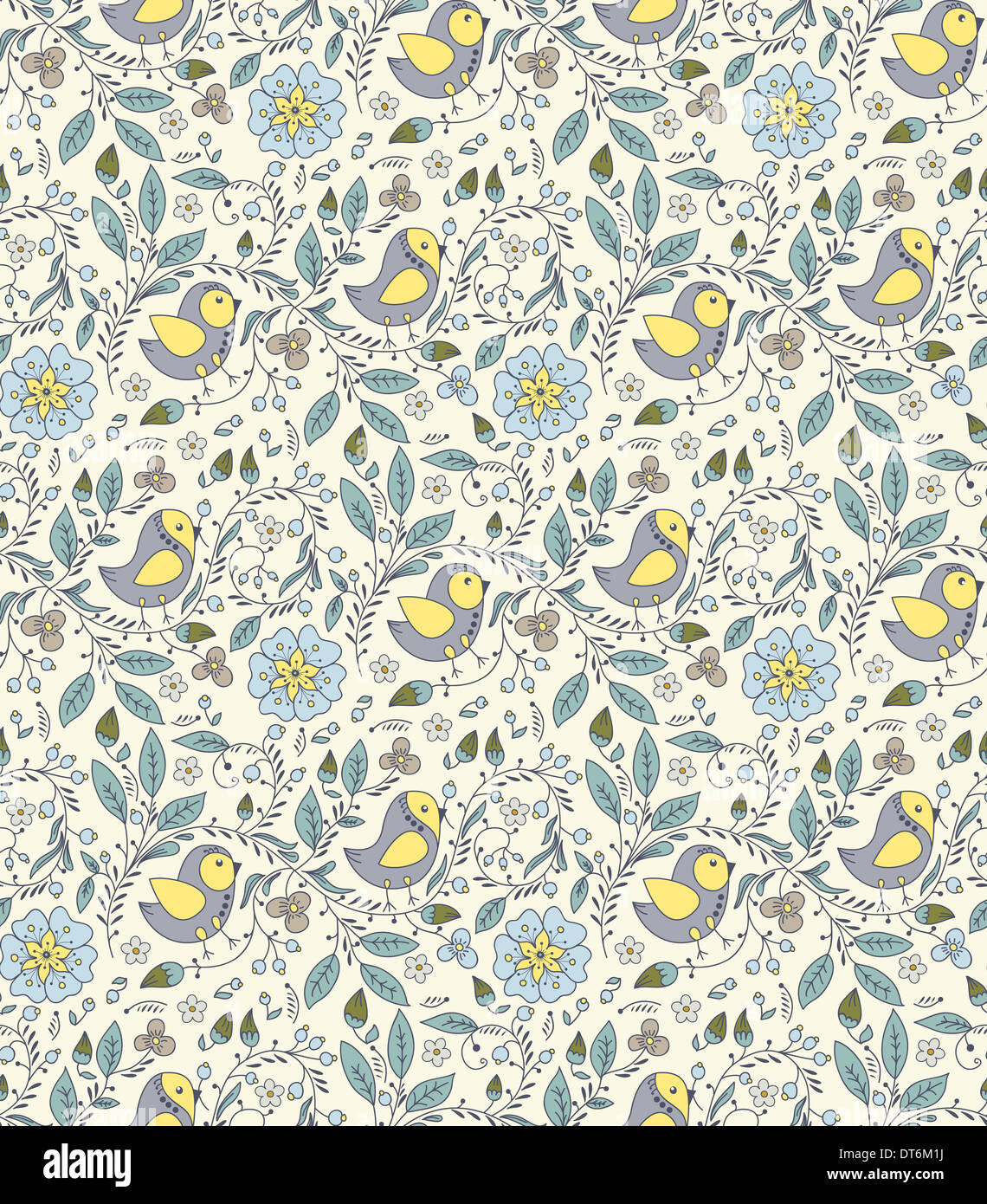 birds, plants and flowers on beige background. Use as a pattern fill ...
