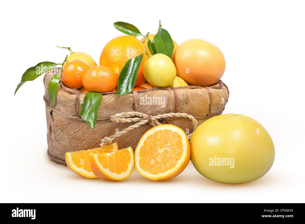 Composition of citrus fruits in a basket. Concept of healthy nutrition ...