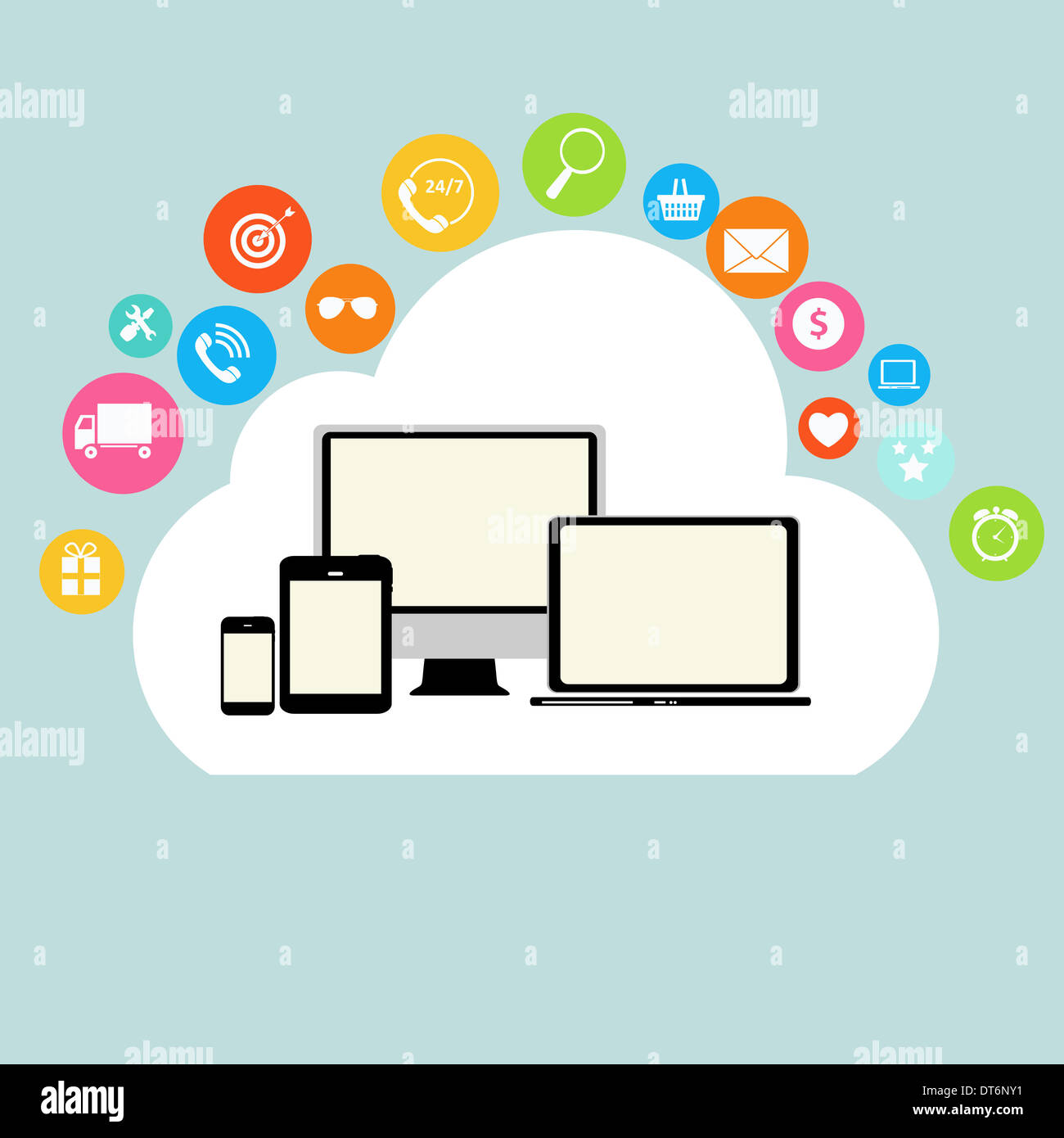 Cloud Computing Concept on Different Electronic Devices. Vector ...