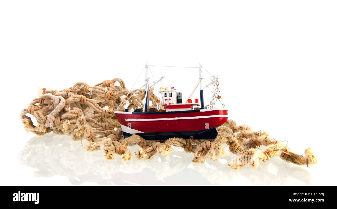 fishing net with trawler isolated over white background Stock Photo - Alamy