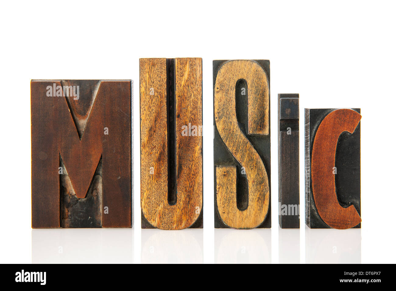 Music in vintage print letters over white background Stock Photo - Alamy