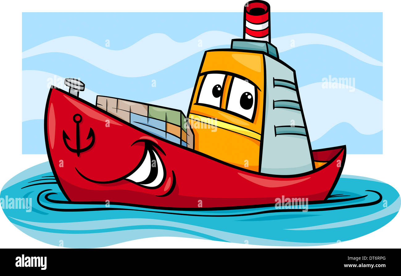 Cartoon Illustration of Funny Container Ship Comic Mascot Character ...