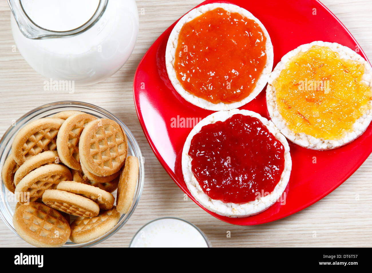 Breakfast with jam on three waffles Stock Photo - Alamy