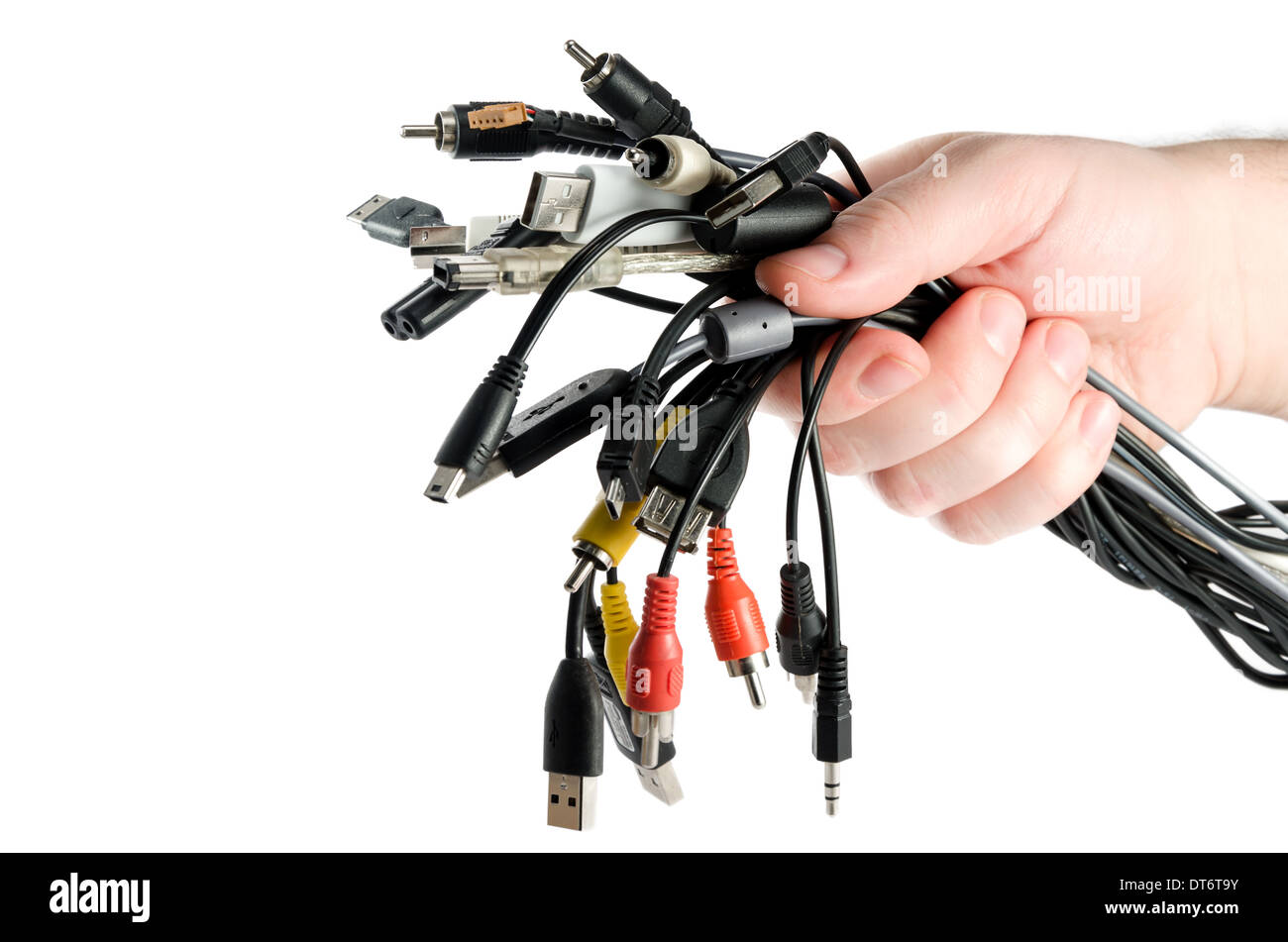 Bunch of different wires in male hand on white background Stock Photo ...