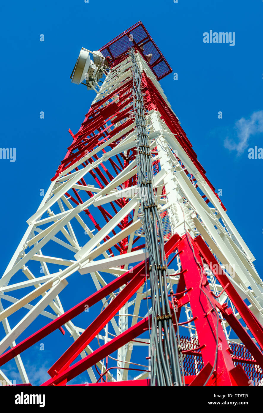 Communications tower against blue sky close-up, gsm transmitter Stock ...