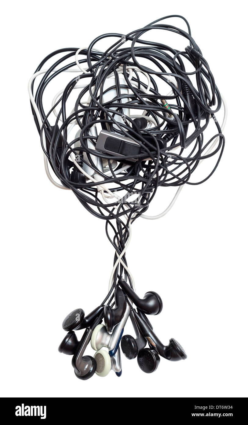 Heap of old earphones isolated on white background Stock Photo - Alamy