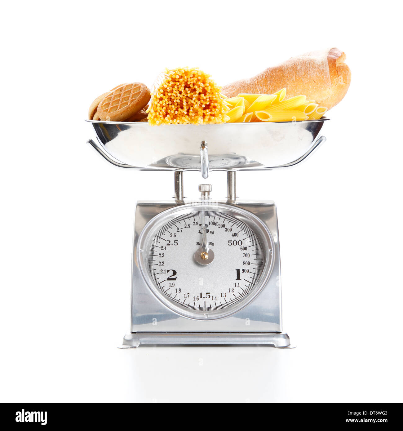 Fruits and vegetables on a balance isolated on a white background Stock ...
