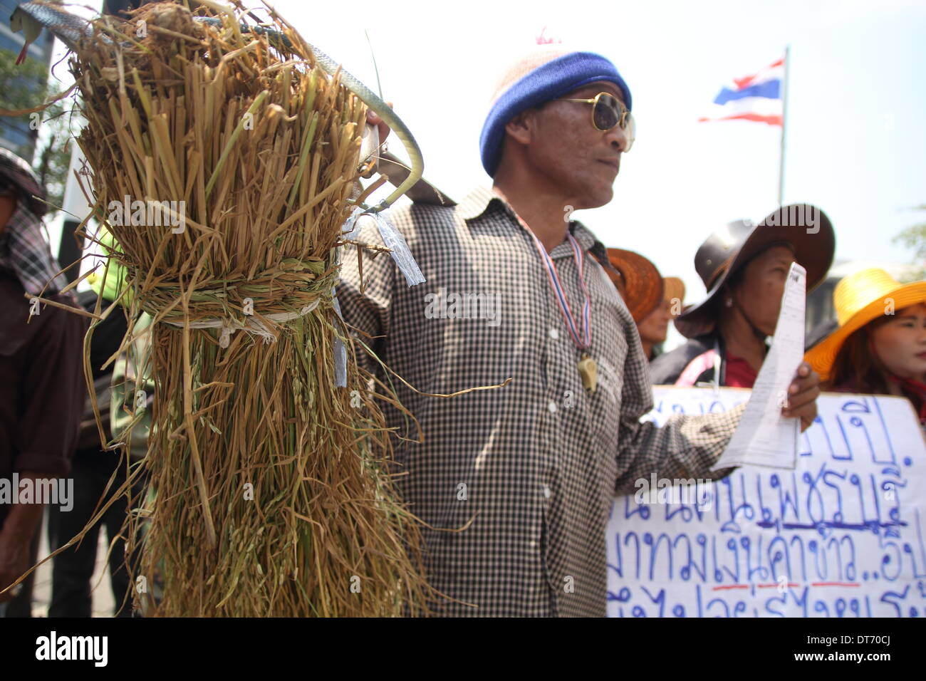 Bangkok, Thailand. 10 February 2014. A Thai rice farmer carries a ...