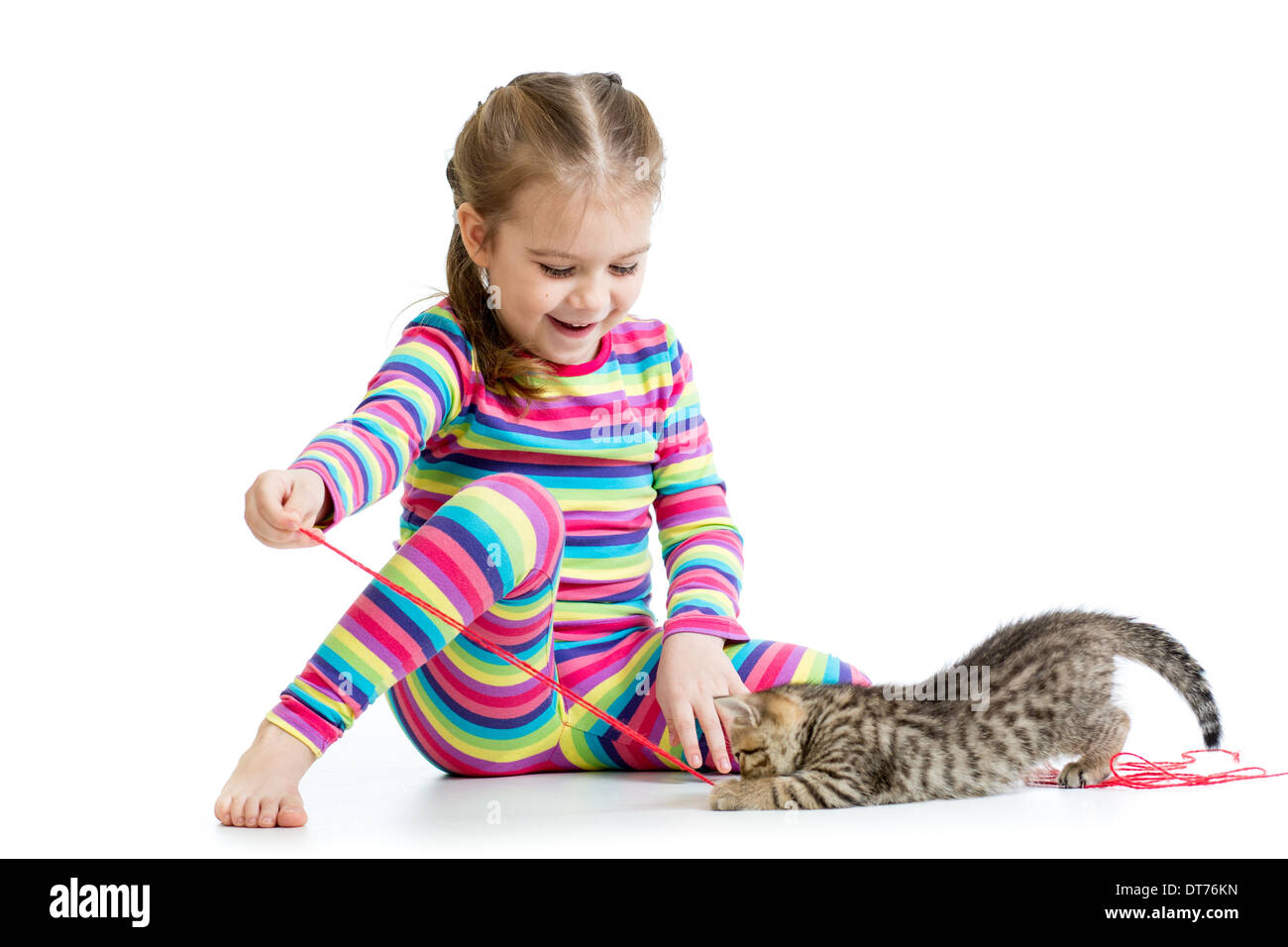 child girl playing with kitten isolated on white background Stock Photo ...