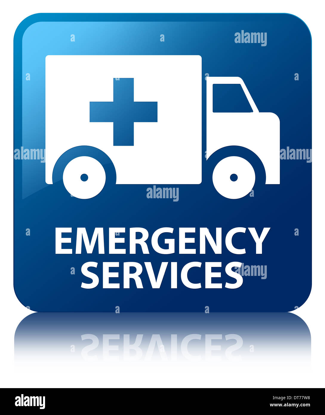 Emergency services glossy blue reflected square button Stock Photo - Alamy