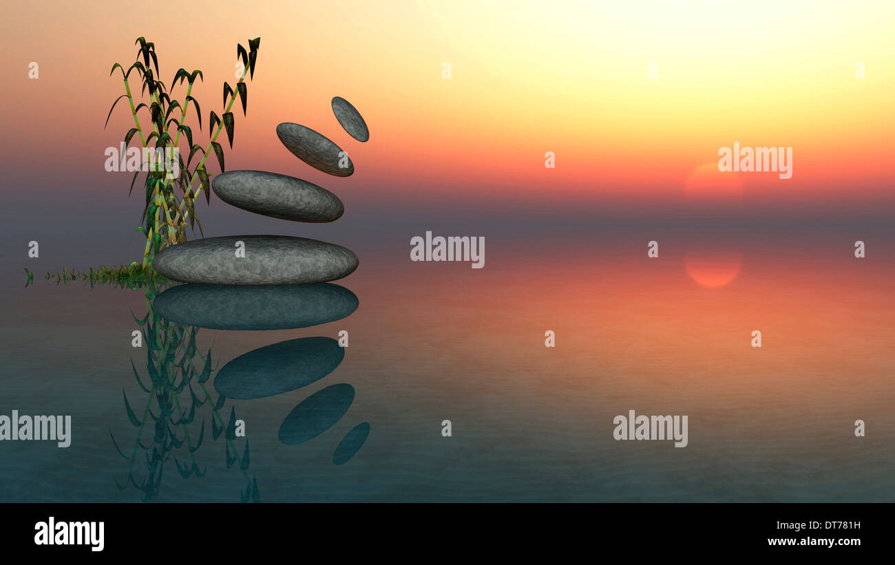 sunset and zen stones Stock Photo - Alamy