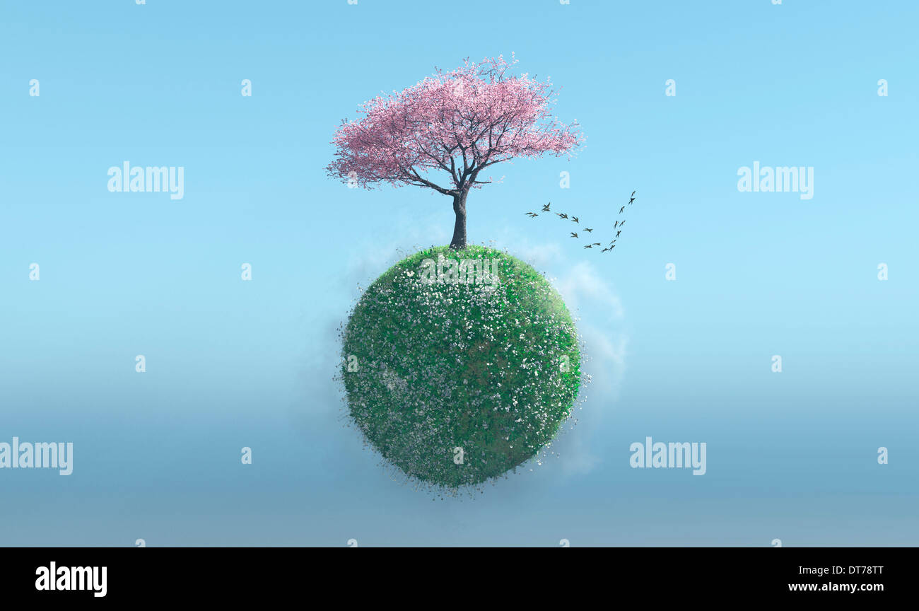 3D image with a tree in a mini planet Stock Photo - Alamy