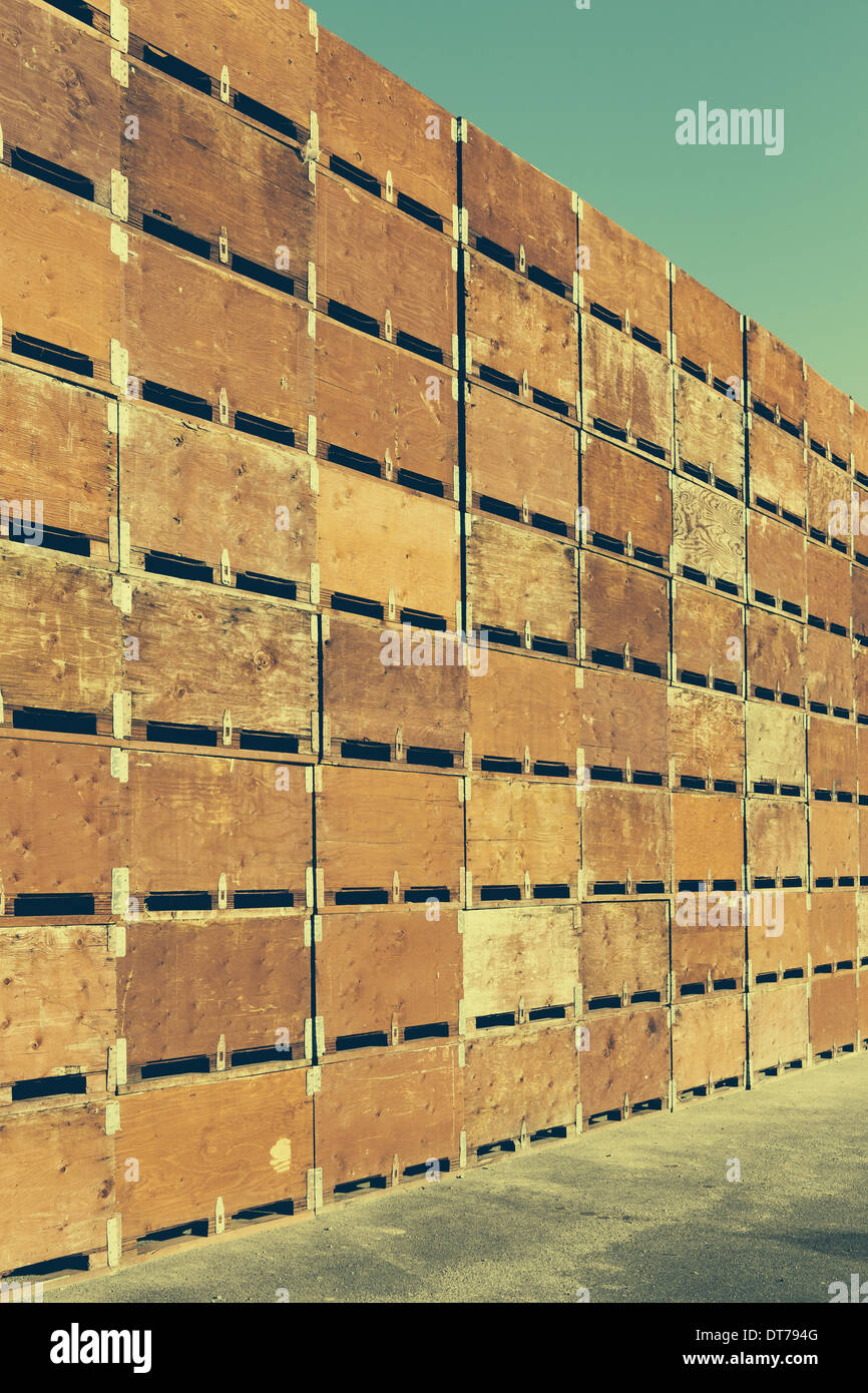 Large stack of fruit boxes for harvesting and storing apples, near ...