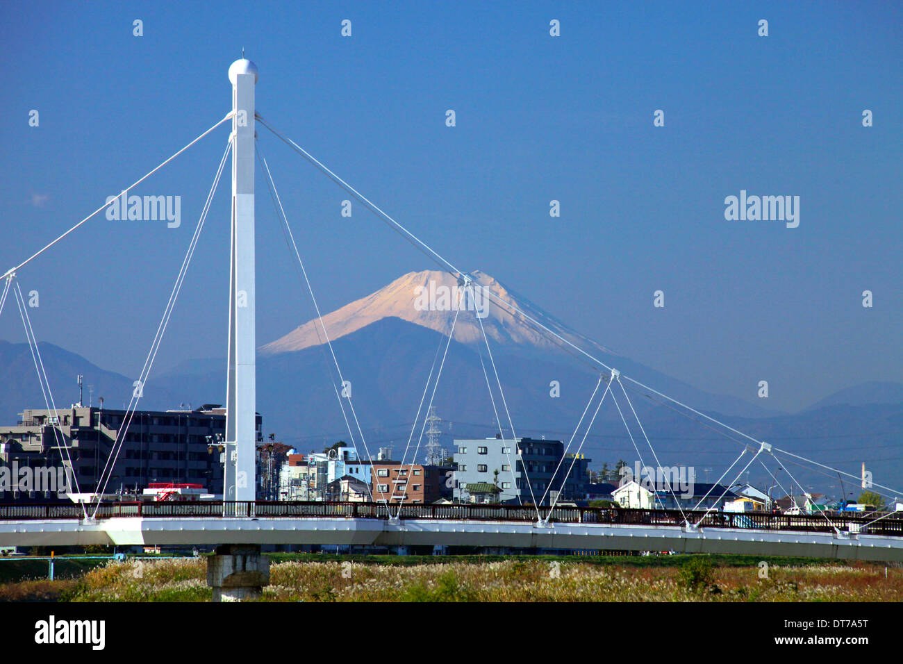 Mount Fuji and Fureai-Bashi bridge on Asakawa river Hino Tokyo Japan ...