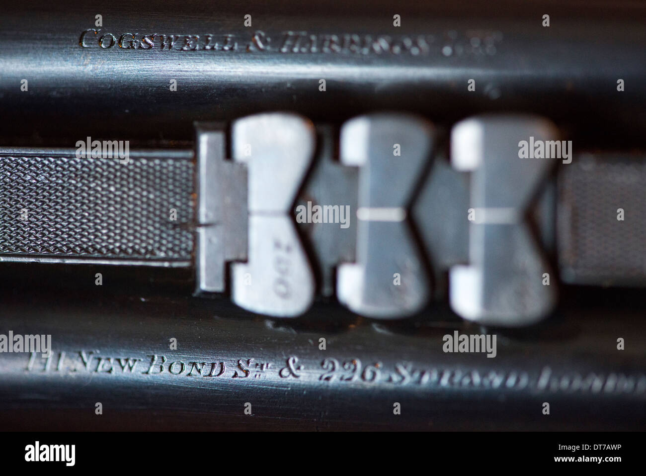 Close up of barrel of Cogswell & Harrison gun with inscribed text ...