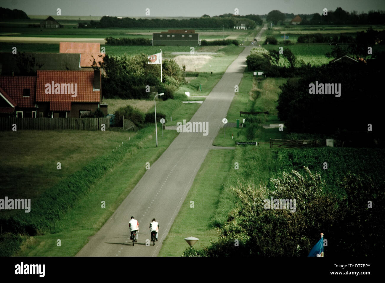 Two cyclists on a long straight road through the dutch countryside ...