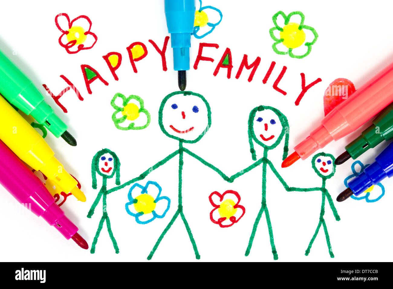 Felt tip pens and color drawing of happy family Stock Photo - Alamy