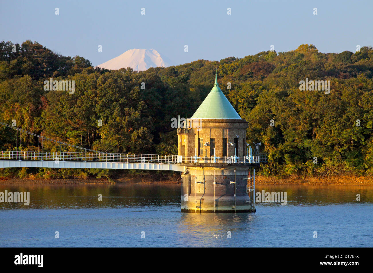Mount Fuji and the water intake tower on Yamaguchi reservoir Lake ...