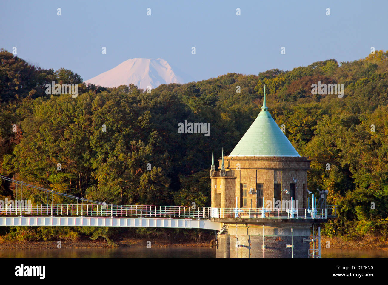 Mount Fuji and the water intake tower on Yamaguchi reservoir Lake ...