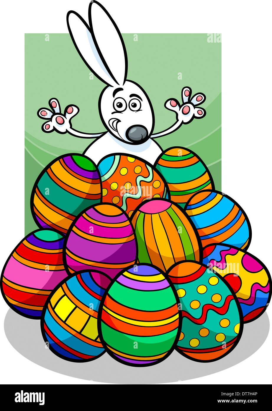 Cartoon Illustration of Cute Easter Bunny in Paschal Eggs Heap Stock ...