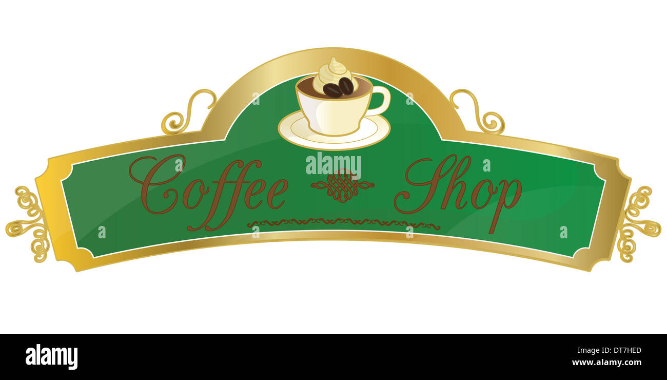 This file represents a coffee shop sign or label, with a calligraphic ...