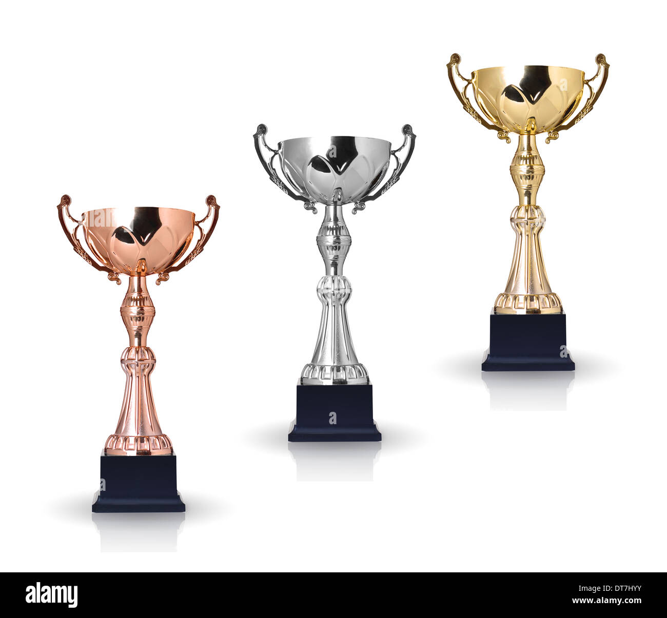 Three trophies, gold, silver and bronze. Isolated on white background ...