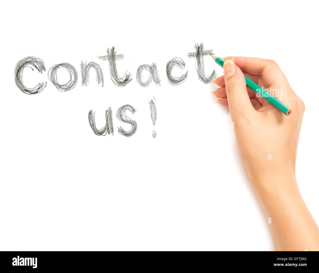 Woman's hand writing contact us on white background Stock Photo - Alamy
