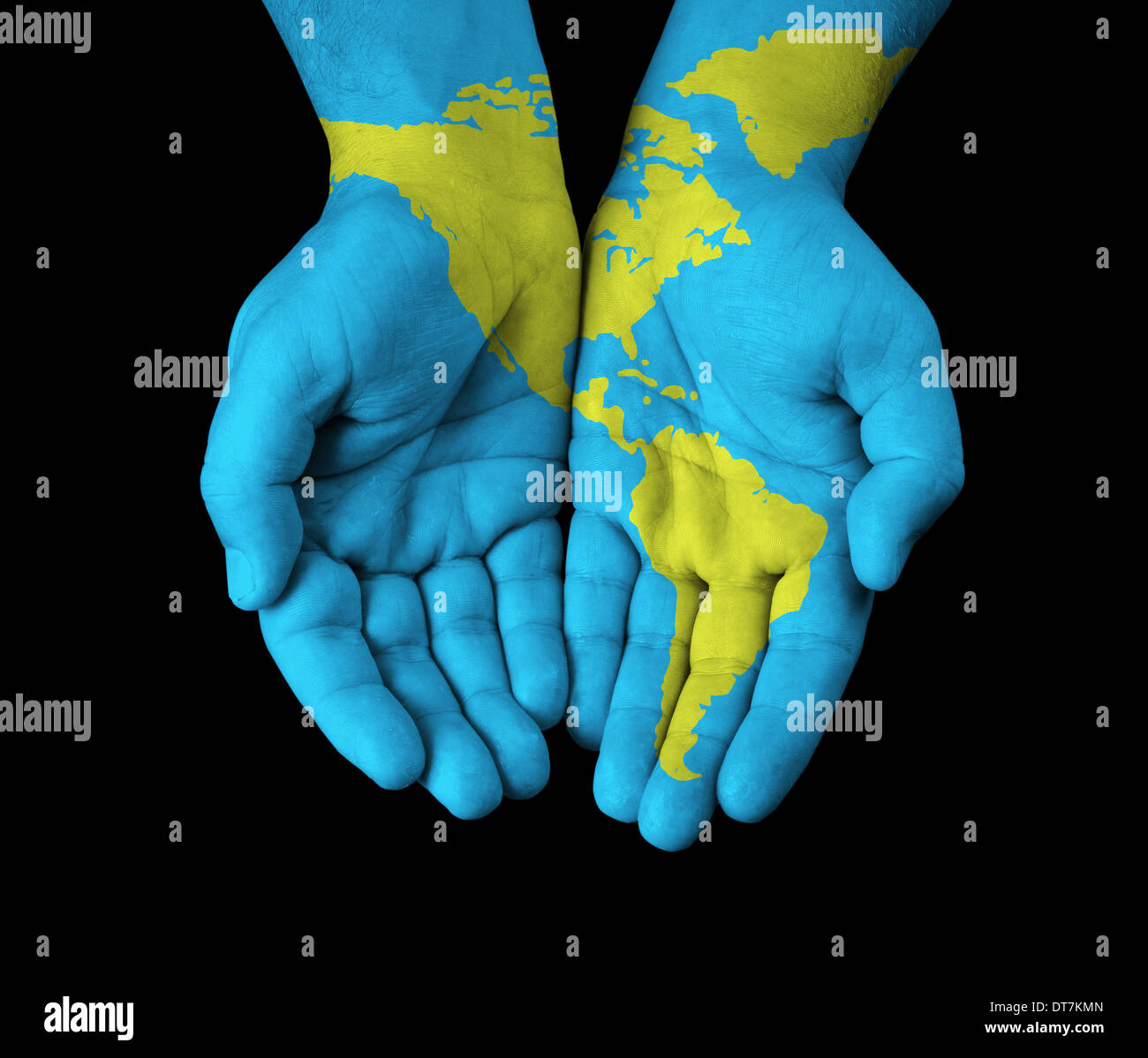 World map painted on hands Stock Photo - Alamy