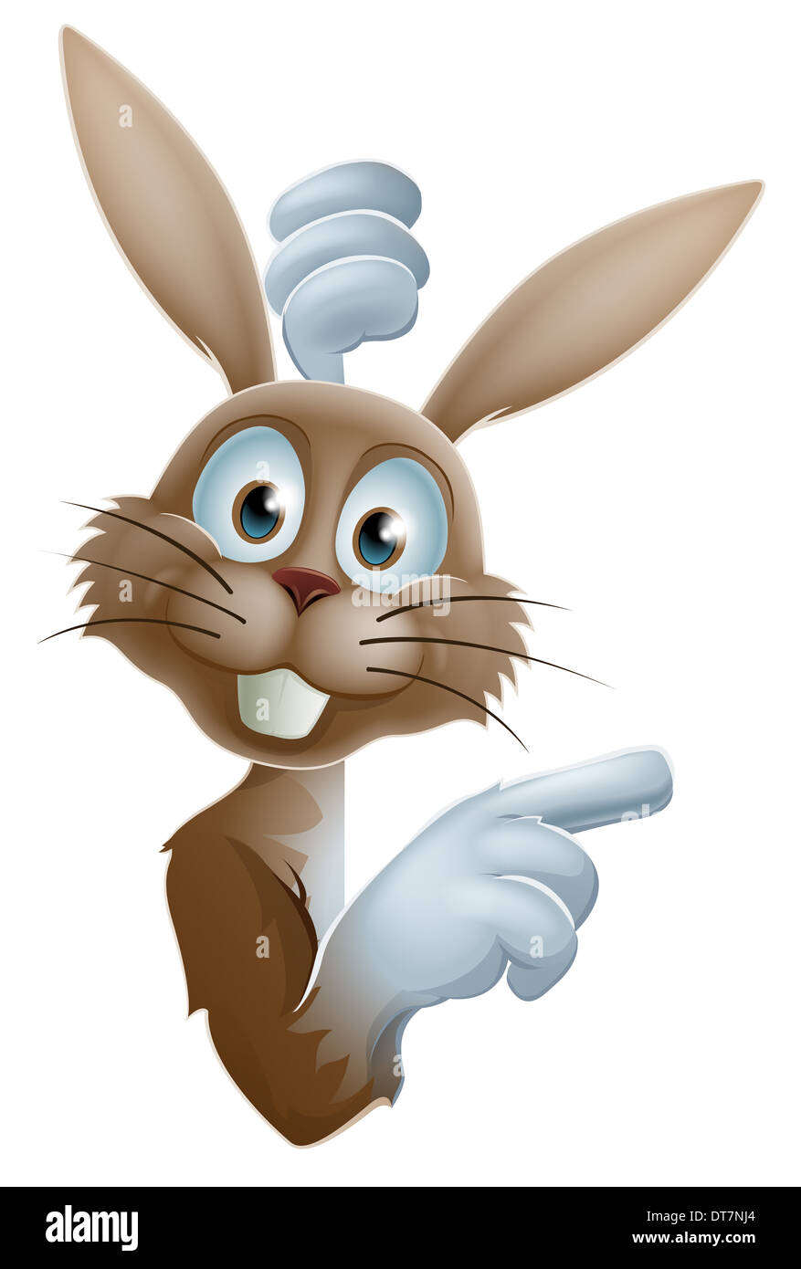 Cute cartoon Easter bunny rabbit peering around a sign and pointing ...