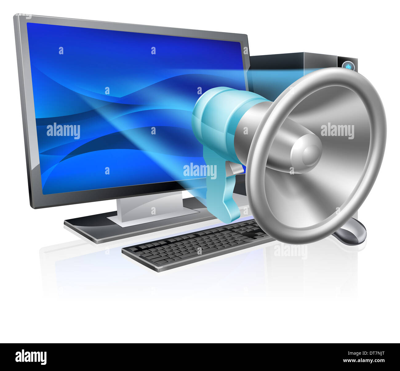 A computer megaphone concept of mega phone flying out of a computer ...