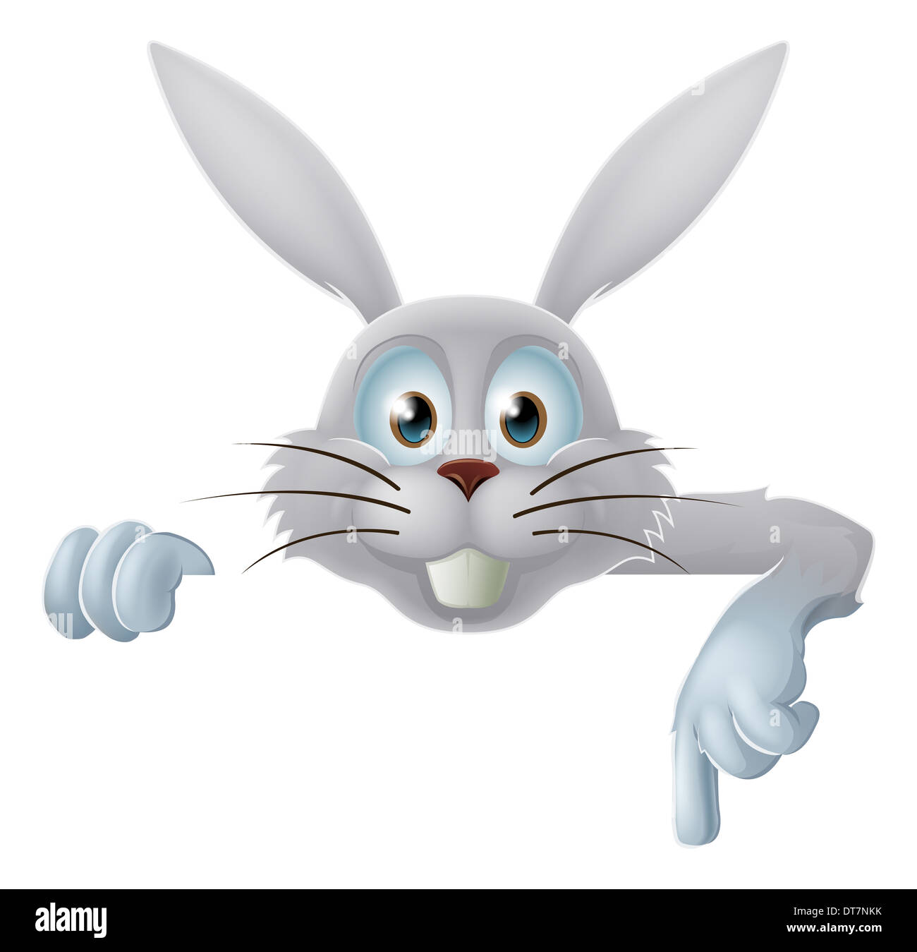 A white Easter bunny rabbit pointing down at a banner or sign Stock ...