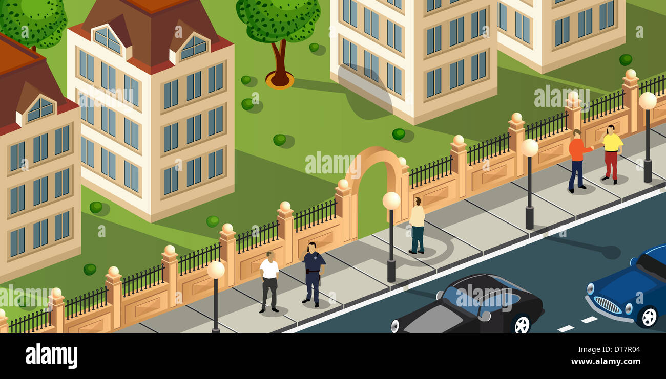 Isometric projection of the of the city with people and cars Stock ...