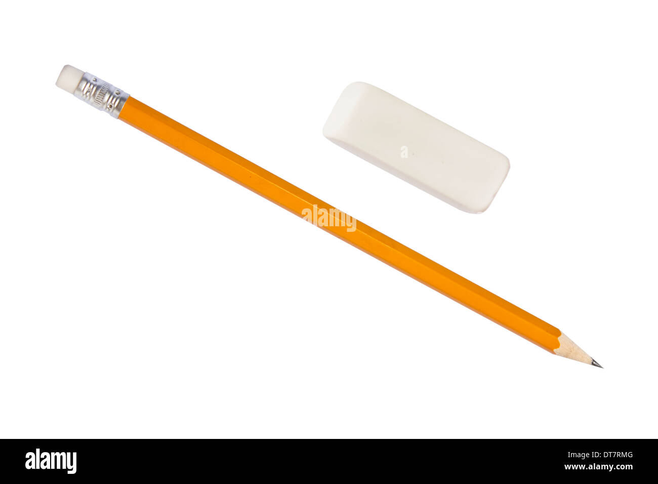 One yellow pencil and one eraser isolated on white with clipping path ...