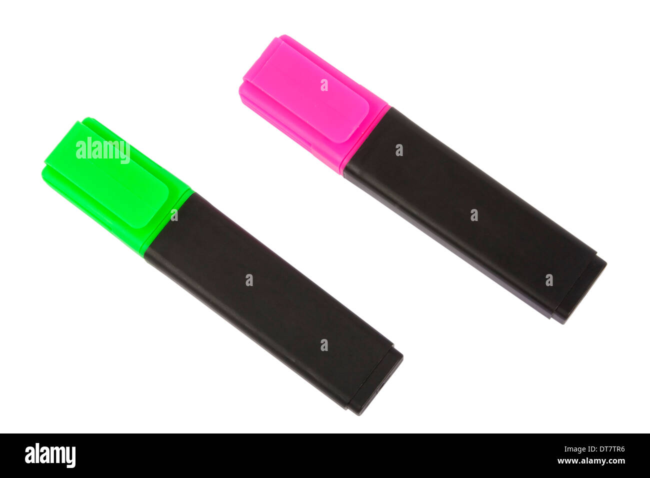 Two text markers in diagonal, one green and one red isolated on white ...