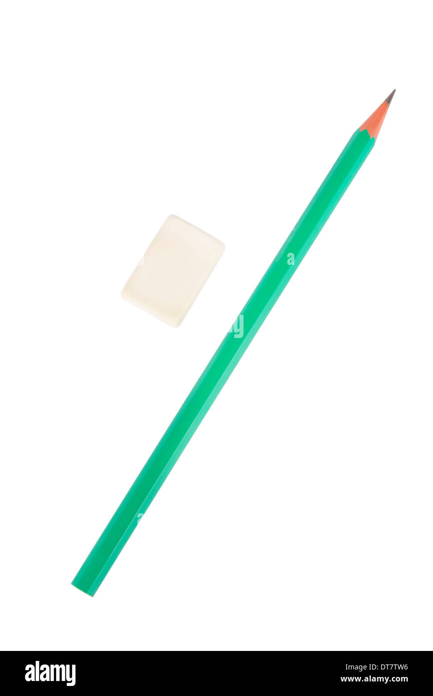 One green pencil and one eraser Stock Photo - Alamy